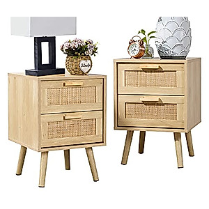 Finnhomy Nightstand, End Table, Side Table with 2 Hand Made Rattan Decorated Drawers, Nightstands Set of 2, Wood Accent Table with Storage for Bedroom, Natural, 2 Pack