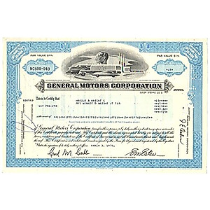 1970 RARE ORIGINAL GM (GENERAL MOTORS) STOCK CERTIFICATE w FUTURISTIC VIGNETTE (BLUE) BUY 2 TO ALSO RECEIVE GREEN TYPE"Not More than 10,000 Shares" Extra Fine