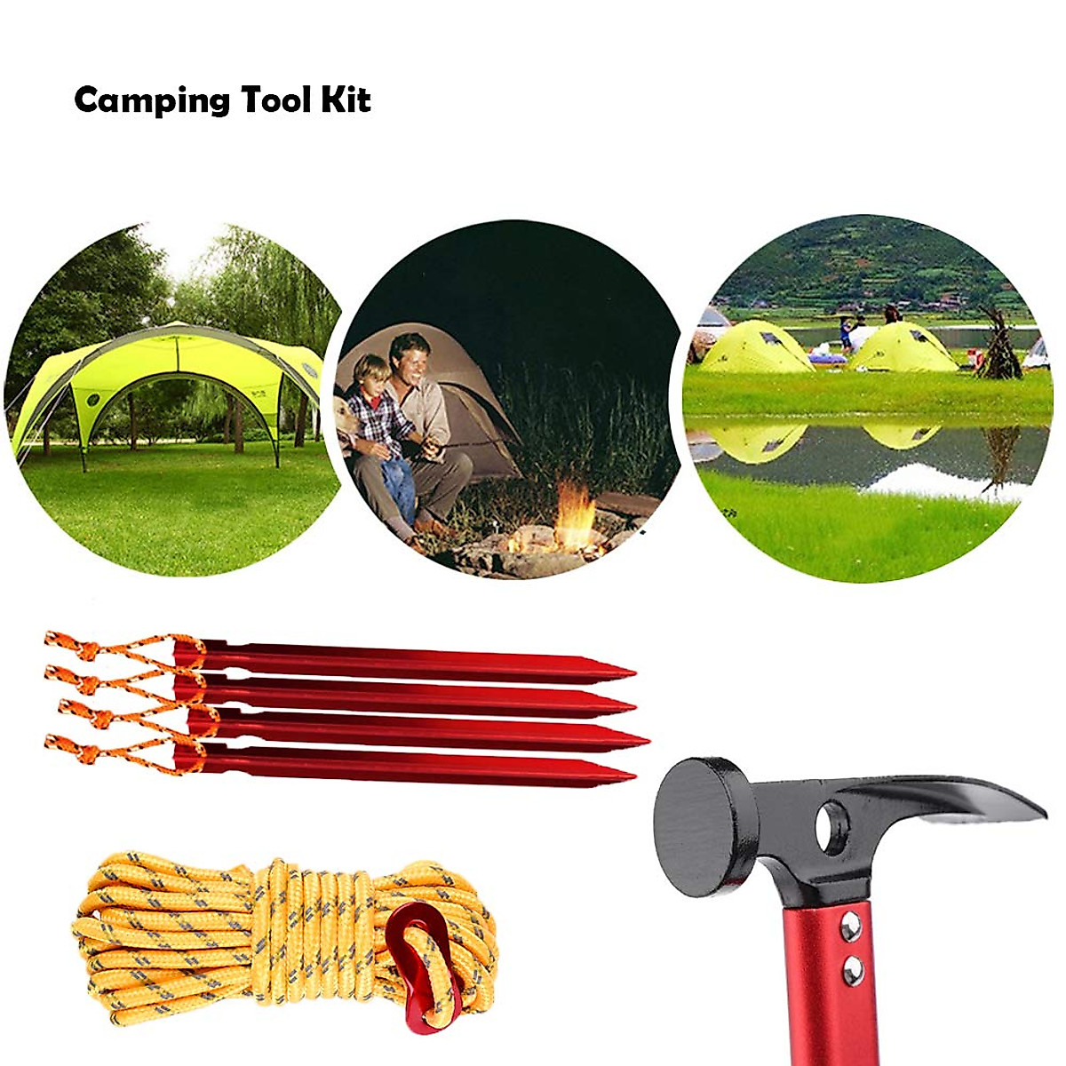 Haploon Camping Accessories Kit, Aluminum Tent Mallet Stake Hammer with Metal Tent Pegs, Nylon Guyline Rope 4x13ft with Cord Adjuster, Tent Accessories for Camping, Hiking, Backpacking