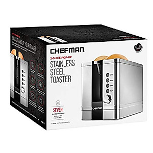 Chefman 2-Slice Pop-Up Stainless Steel Toaster w/ 7 Shade Settings, Extra Wide Slots for Toasting Bagels, Defrost/Reheat/Cancel Functions, Removable Crumb Tray, 850W, 120V, Silver