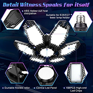 Amiluo 150W LED Garage Lights 2 Pack 15000LM Deformable Garage Ceiling Lighting Fixture Screw-in E26/E27 Garage Light Bulb with 6 Ultra Bright Led Panels LED Light for Attic Garage Basement Workshop