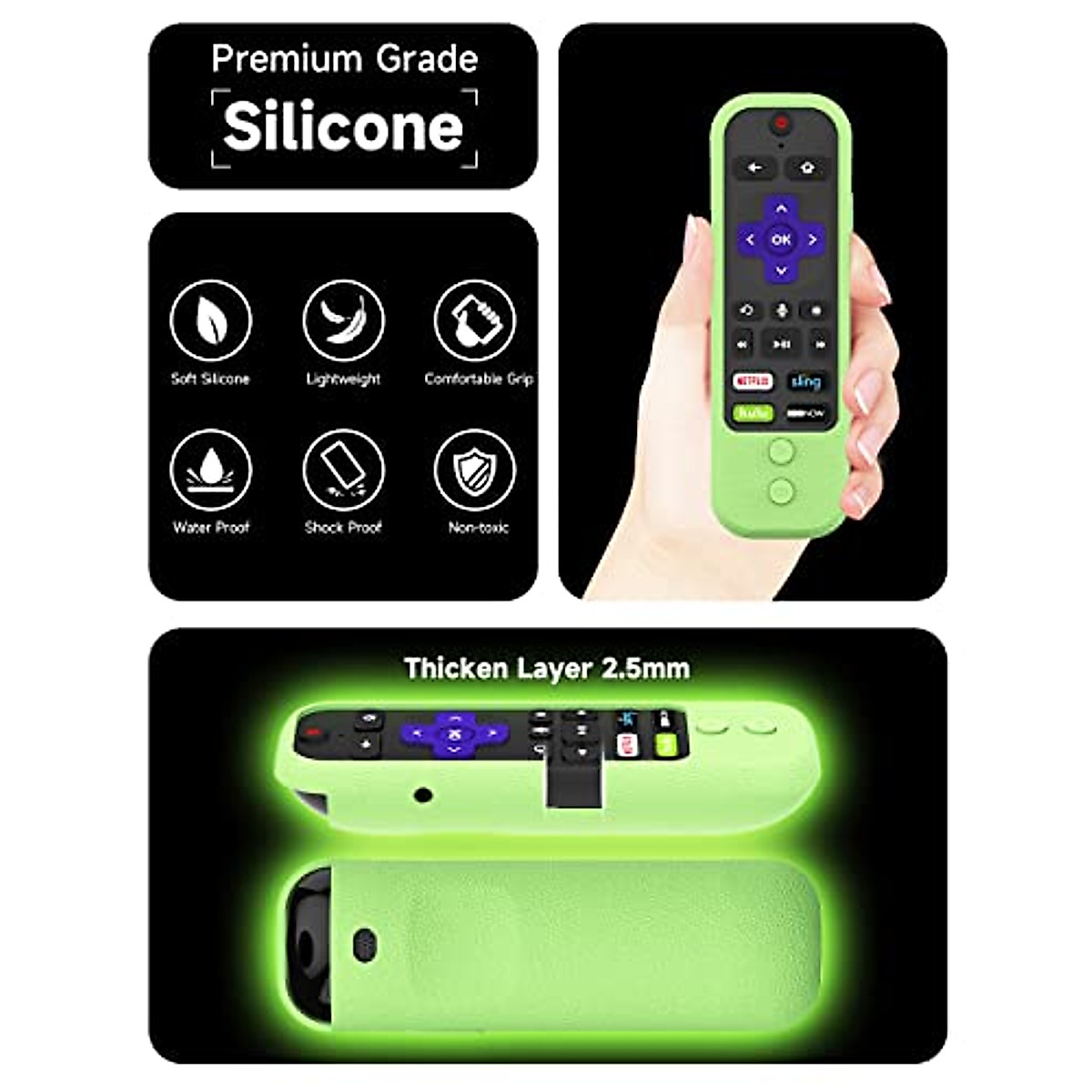 Silicone Remote Case for Roku Ultra 2017/2018(4661) Remote Control Protective Cover for Roku Ultra 4661R with Power Button Remote Anti-Slip Anti-Lost with Hand Strap (Glow in Dark Green)