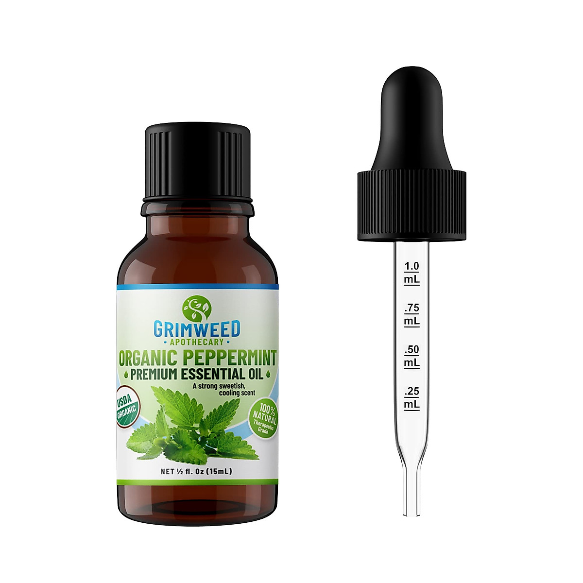 Grimweed Apothecary Organic Peppermint Essential Oil, 100% Pure and Natural | Premium Grade Essential Oils for Diffusers, Aromatherapy, Massage, Humidifiers and Topical uses