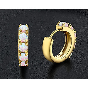 Sterling Silver Opal Hoop Earrings for Women, 14K Gold Plated Hypoallergenic Round Cut Earrings, Birthstone Birthday Gift Fine Jewelry for Her Mothers Day