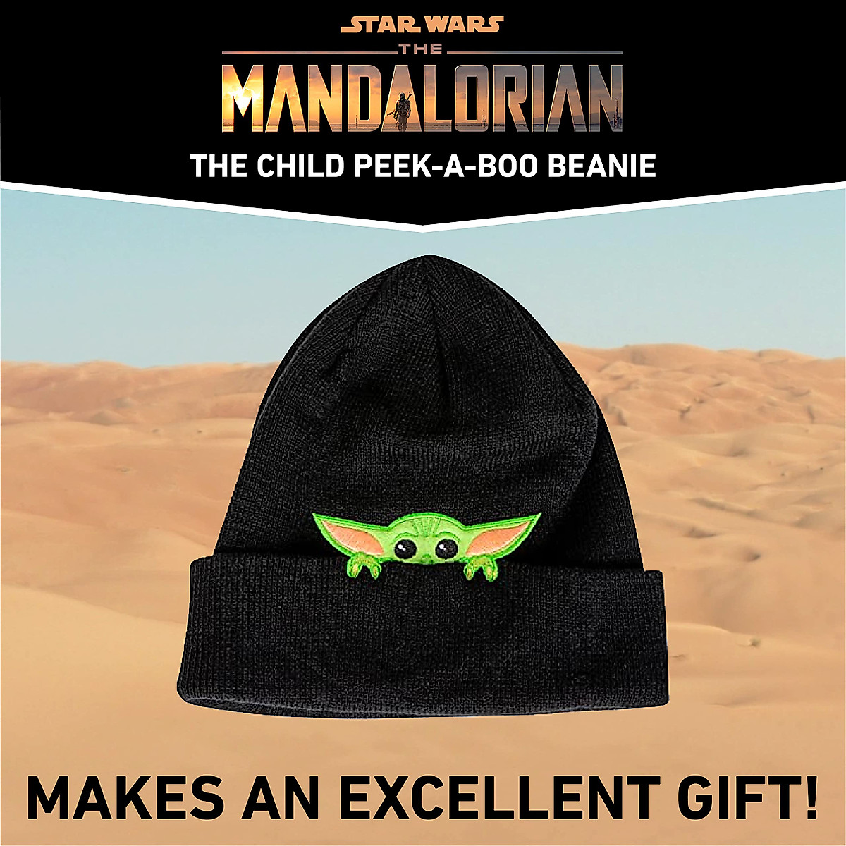 Star Wars The Mandalorian Grogu Peek-A-Boo Knitted Cuffed Beanie, Black, One Size