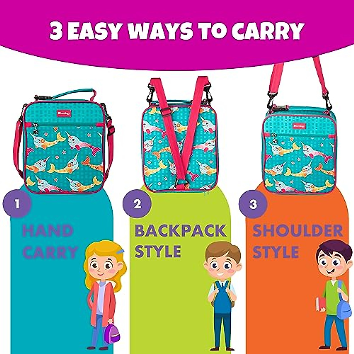 Convertible Soft Insulated Durable Lunch Bag For Kids - Zippered Outer Pocket - Adjustable Straps Convert to Backpack, Shoulder Bag or Lunch Box - Fresh food for hours, Back To School, Picnics, Travel