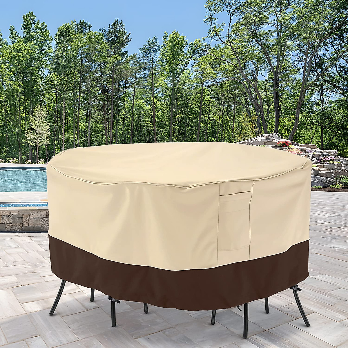 Arcedo Patio Furniture Set Cover, Waterproof Outdoor Round Table and Chairs Set Cover, Heavy Duty Garden Furniture Cover for Patio Dining Set, All Weather Protection, 94”Dia x 30”H, Beige & Brown