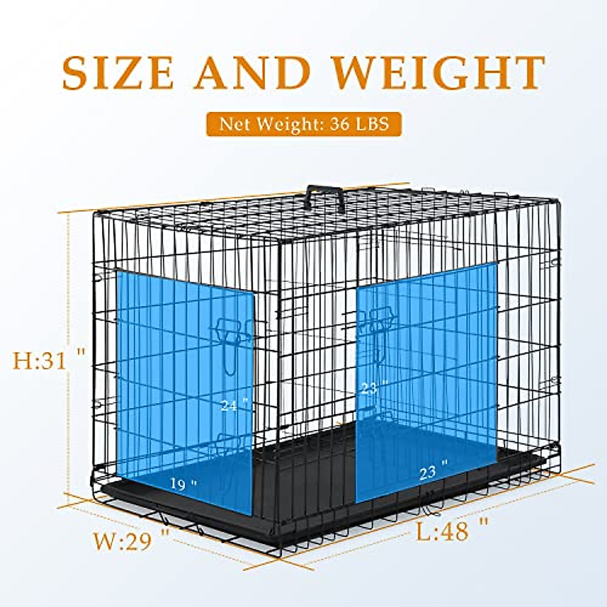 Pet Dog Crate, 48 Inches Large Dog Cage Double Door Folding Crate Metal Wire Dog Kennel with Divider Panel Leak-Proof Plastic Pan, Indoor Outdoor Basic Pet Crates for Medium Large Breed Dog XL XXL
