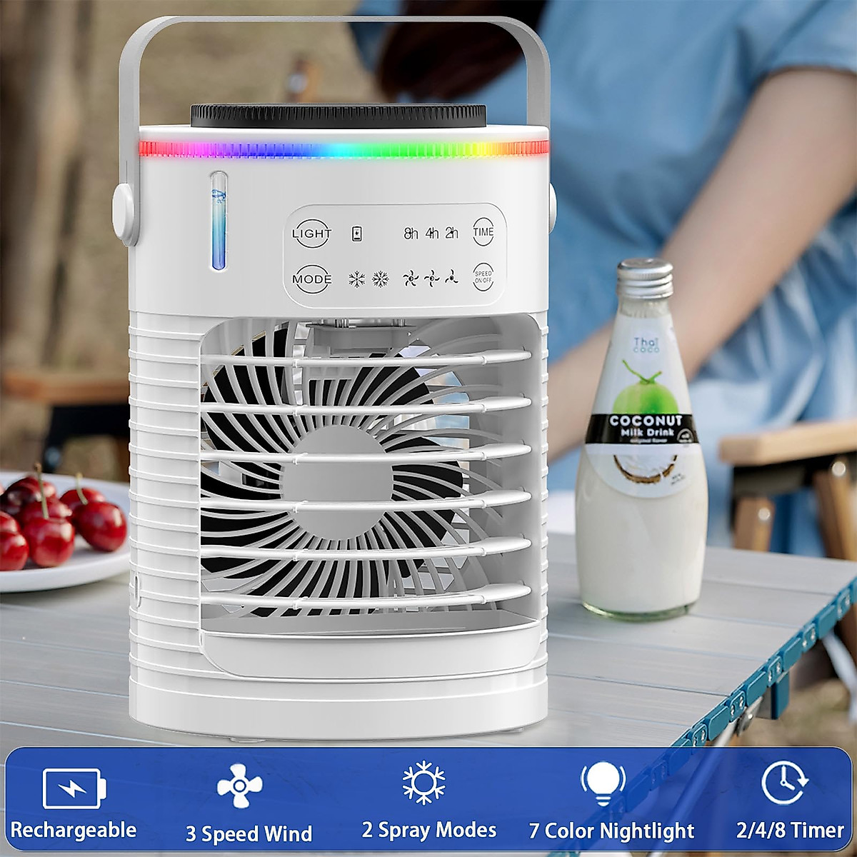 Portable Air Conditioners,Rechargeable Air Conditioner Fan with 6000mAh Battery,3 Speed Personal Evaporative Air Cooler with 3 Mist&3 Timer&Colors Light,Mini AC Cooling Fan for Bedroom,Camping