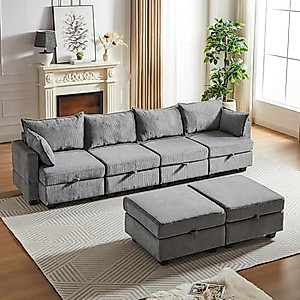 FANYE U-Shaped Oversized Free Modular Storage Sectional Sofa Soft Corduroy Upholstered Deep Seat Lounge Sofa&Couch Convertible Sleeper Couch Bed W/2 Pillows for Living Room/Downstair