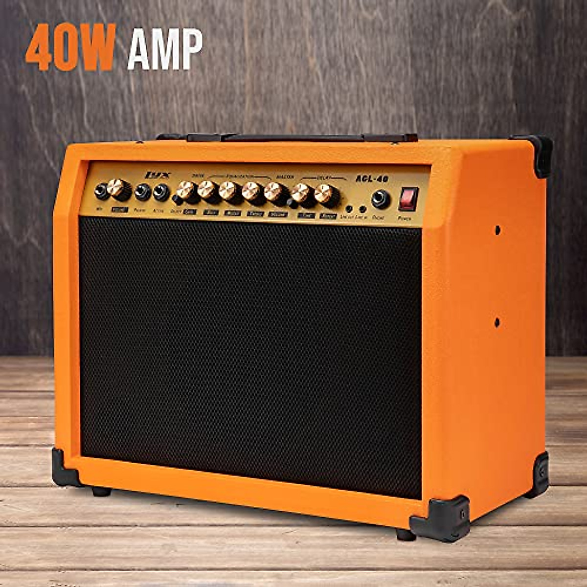 LyxPro 40 Watt Electric Guitar Amplifier | Solid State Studio Amp with 8” 4-Ohm Speaker, Custom EQ Controls, Drive, Delay, ¼” Passive/Active/Microphone Inputs, Aux in & Headphone Jack - Sunburst