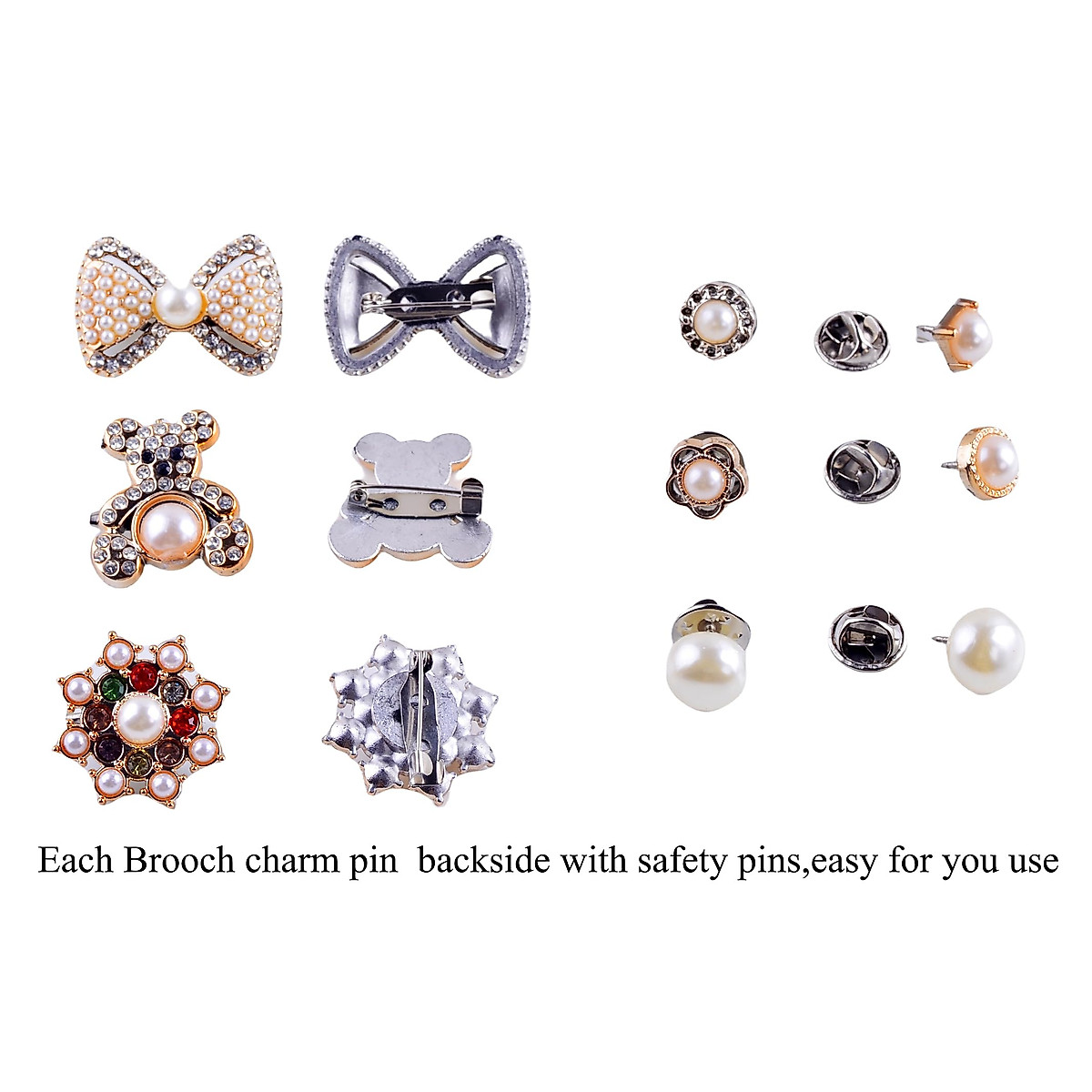 Charms for Socks Safety Pin Brooch,55pcs Junk Sock Charms Pins Gold Bling Sock Jewelry Charms,Brooch Pins for Socks,Pearl Rhinestone Brooch Pins Costom Shoe Sock Charms Kit Bulk for Hat Clothes