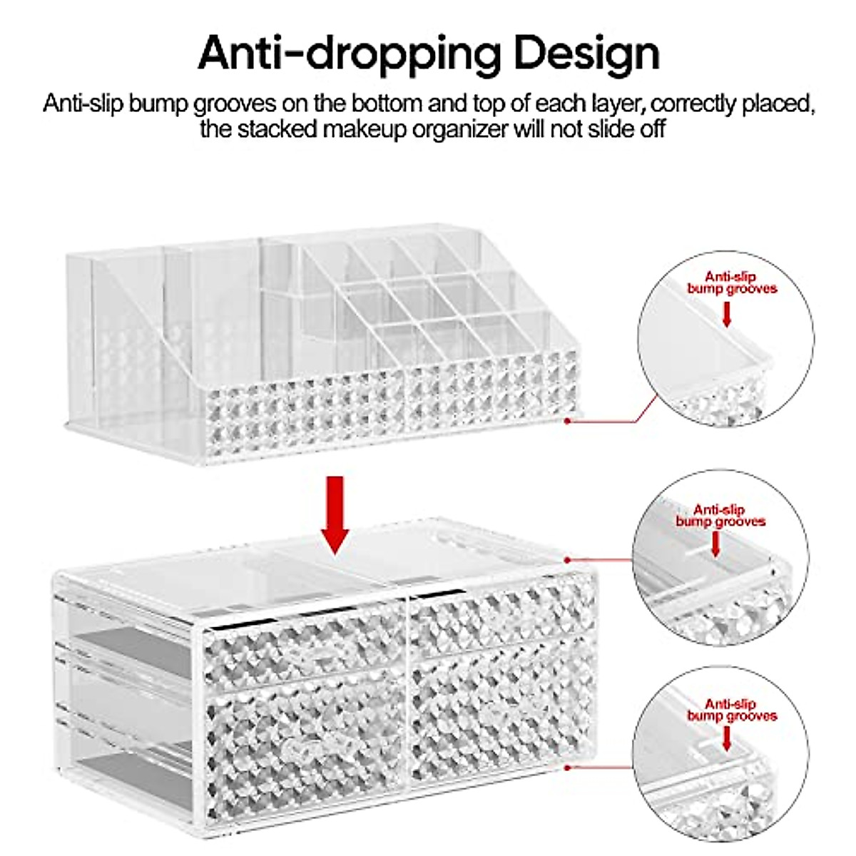 Awenia Makeup Organizer with Drawers[Upgraded]-Acrylic Make up Organizers and Storage Case for Cosmetics,Perfume,Jewelry Display, Vanity and Bathroom Accessories (Clear-4 Drawers)