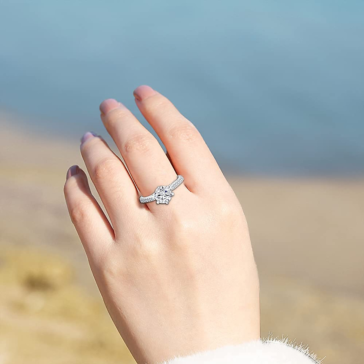 JO WISDOM Women Ring,925 Sterling Silver Engagement Wedding Promise Ring with 7mm 5A Cubic Zirconia,Jewelry for Women