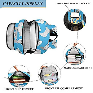 Glaphy Video Game Controller Pattern Blue Backpack School Bag Lightweight Laptop Backpack Student Travel Daypack with Reflective Stripes