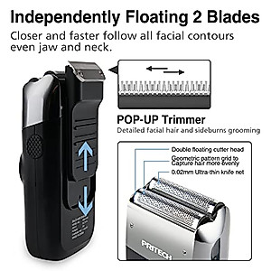 Electric Foil and Bald Shavers 2 in 1 Double Shaver for Men Blade and Popup Beard Trimmer with Rechargeable 2 Head 3 Adjustable Speeds Beard Shaver by Pritech