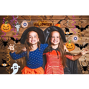 Funnlot Halloween Office Decorations Halloween Hanging Decorations Indoor 46PCS Halloween Hanging Swirl Decorations Include Pumpkin Bat Ghost Spider Mummy Eyeball Witch Hat Happy Halloween