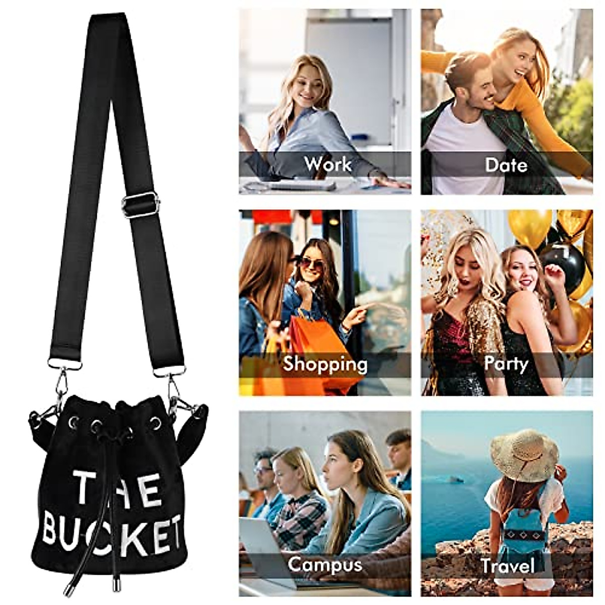 JQAliMOVV Bucket Bags for Women, Mini Bucket Bag Purses Soft Plush Crossbody Bucket Bags Drawstring Handbags Hobo Bag (Black)