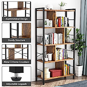 armocity Bookshelf, 5 Tier Tall Industrial Bookcase Wood Metal Frame Standing Book Shelf, Display Bookshelves Storage Organizer for Bedroom Living Room Home Office, Rustic Brown