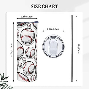 Stainless Steel Skinny Tumbler Baseball Pattern Travel Cup 20 Oz Double Wall Slim Insulated Coffee Mug With Splash Proof Lid & Straw & Cleaning Brush For Home Office
