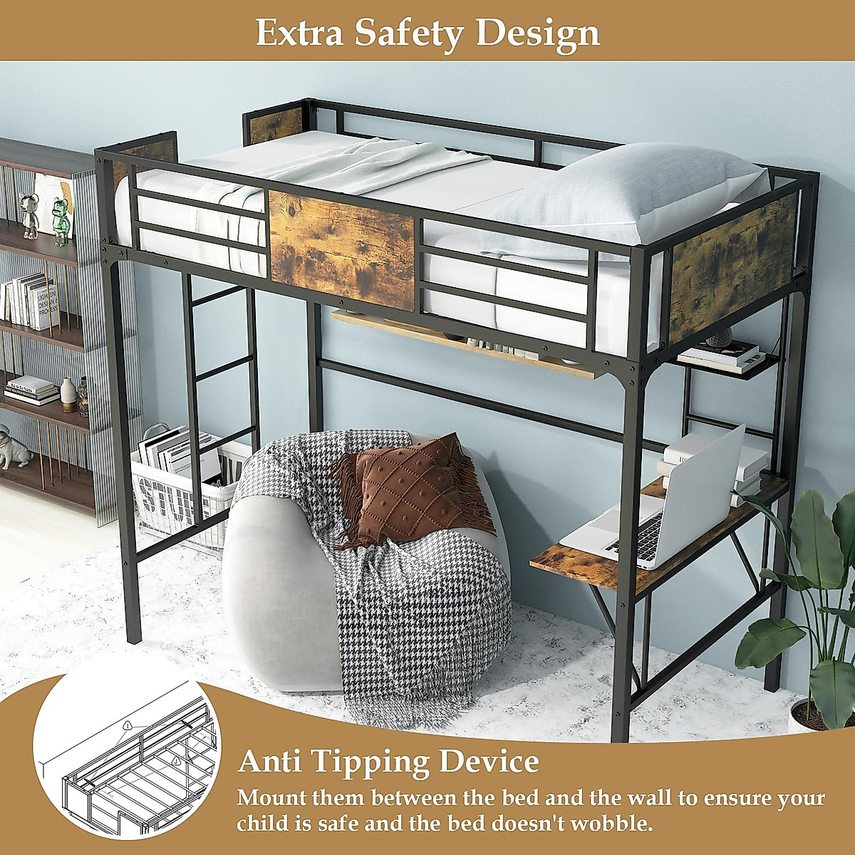 Giantex Metal Twin Loft Bed with Desk and Storage Shelf, Heavy Duty Loft Bed Frame with Build-in Ladder & Safety Guardrail, Space-Saving Twin Size Loft Bed for Teenager and Adult, Black