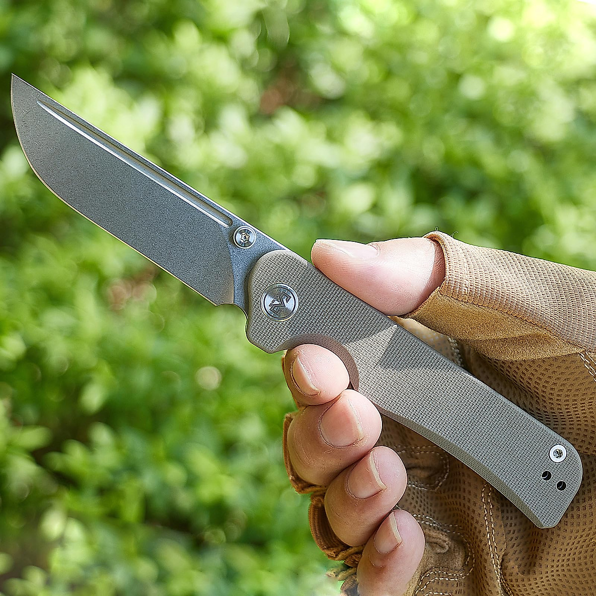 Miguron Knives M Pagos Front Flipper Folding Knife 3.16" Stonewash 14c28n Blade Tan G10 Handle Camping Hiking Pocket Knife MGR-807STN