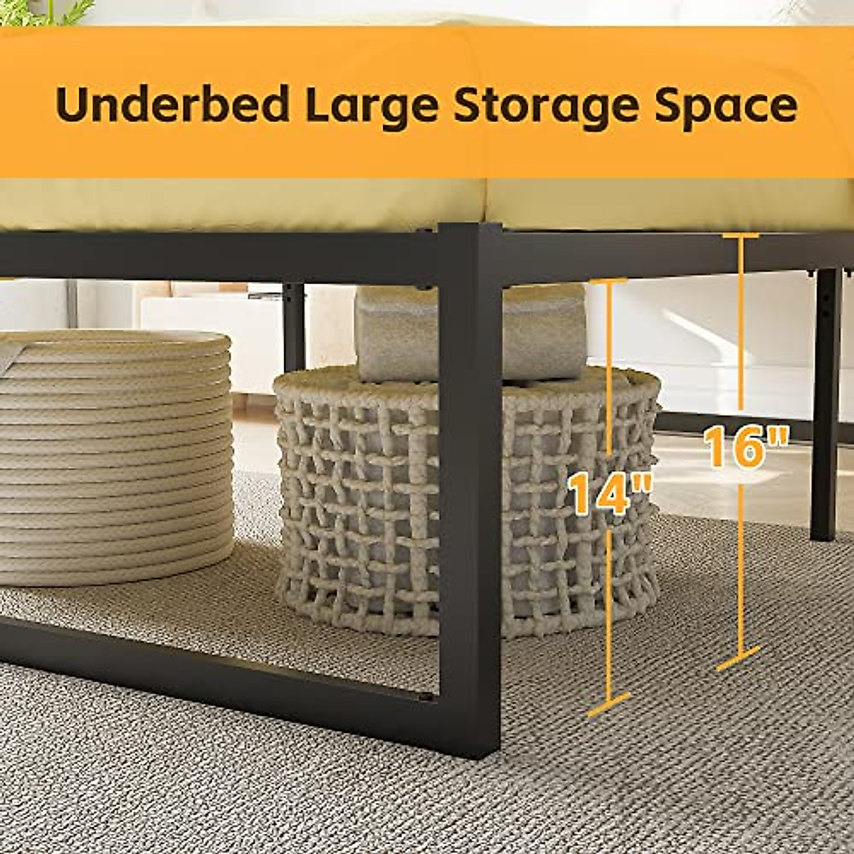 Elephance Twin Bed Frame with Storage Space 16 Inch Black Kids Student Bedframe No Box Spring Needed Metal Platform with Heavy Duty Steel Slat Support, Easy Assembly