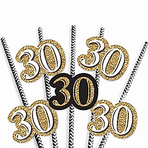 Adult 30th Birthday - Gold - Paper Straw Decor - Birthday Party Striped Decorative Straws - Set of 24
