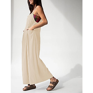 Buenoble Linen Overalls for Women Loose Fit Boho Wide Leg Jumpsuits Casual Summer Pleated Rompers with Pockets(0020-Apricot-M)