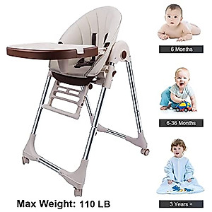 Baby High Chair for Toddlers Kids Feeding Height Convertible with Removable Tray, Multifunctional Portable Children Dining Reclining Chair Foldable with Wheels, Beige