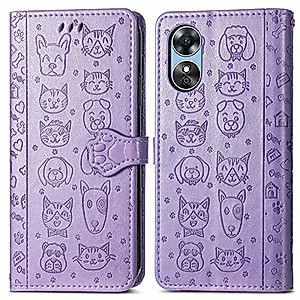 CCSmall for Oppo A17 PU Leather Flip Wallet Case, Cute Cat Dog Cartoon Style with Card Slots Holder Phone Cover Case for Oppo A17 MG Purple