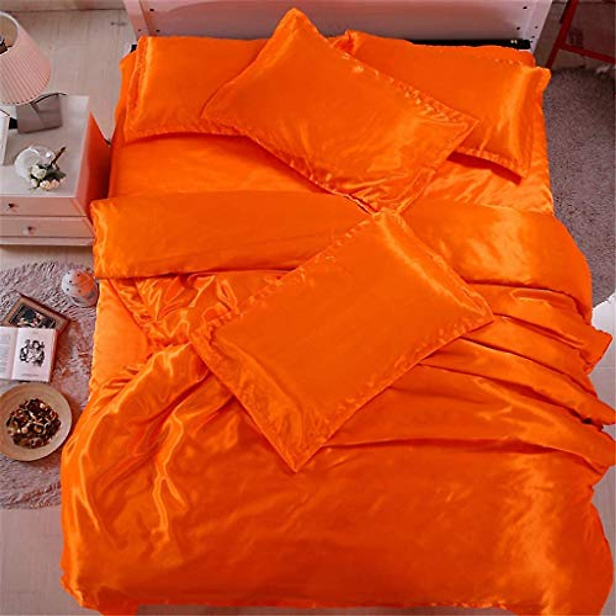 Cotton Home Depot Ultra Soft Silky Satin 4 Piece Sheet Set ( Flat Sheet + Fitted Sheet 17" Deep Pocket + 2 Pillow Cases ) Orange Queen
