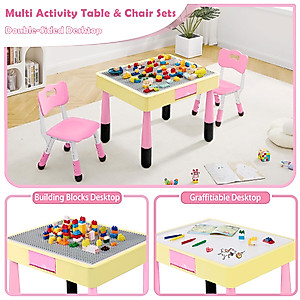 GITAWUSA 4 in 1 Kids Table and Chairs Set, Toddler Table and Chair Set for Kids Ages 3-10, 29.5" L x 23.6" W Activity Table w/Storage, Graffiti & Building Blocks Double-Sided Tabletop, Lovely Pink