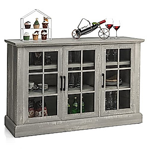 Giantex Buffet Cabinet with Storage, Farmhouse Large Sideboard, 3 Glass Door Adjustable Shelves, Anti-toppling Design, Wooden Credenza Cupboard for Living Room, Kitchen (Grey)