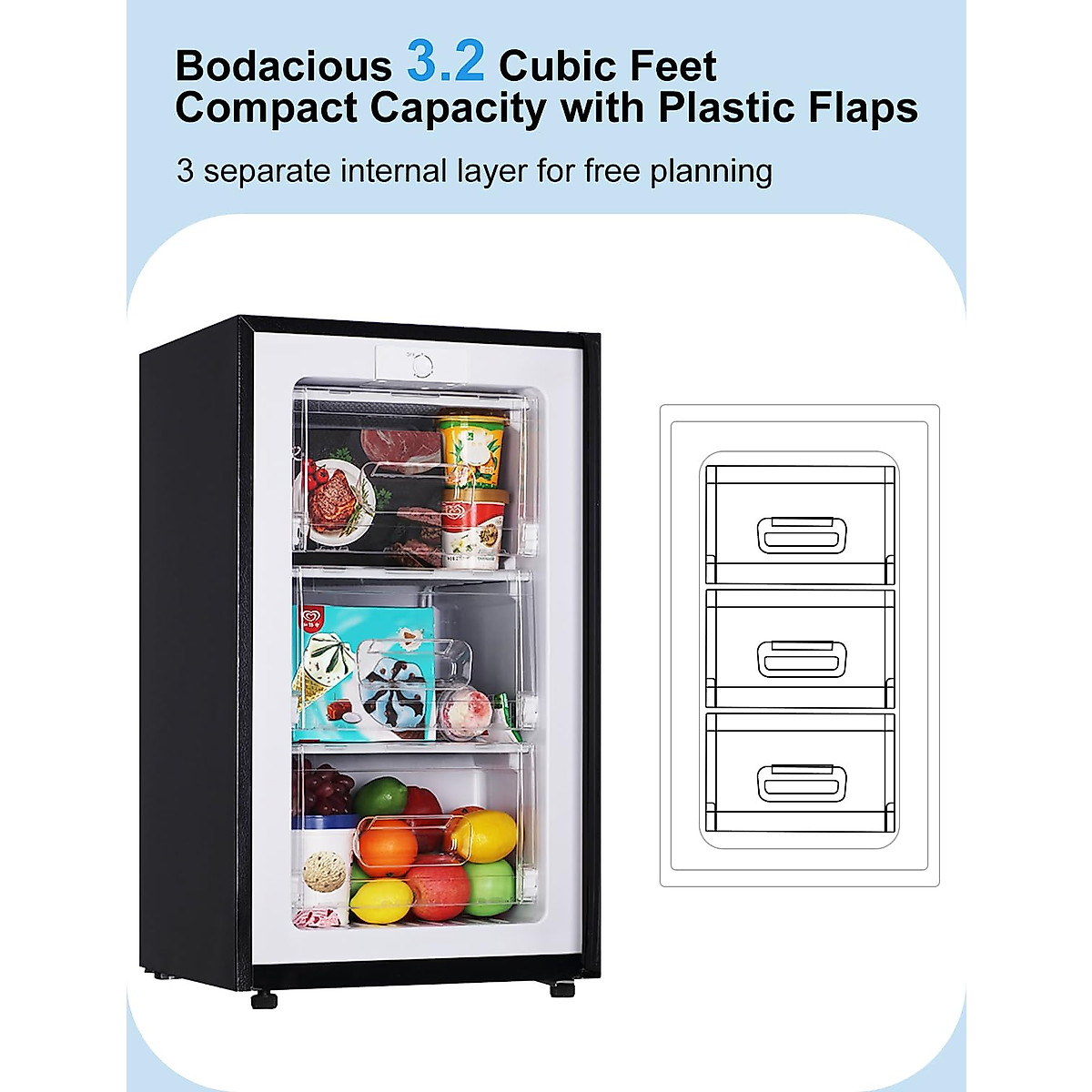 Upright Freezer, 3.2 Cu Ft Mini Small Deep Freezer for 1-2 People, Portable Compact Freezer with 3 Plastic Baffles, 4D Cooling & 40dB Ultra-Quiet, Fast Freeze (-13°F) - Black