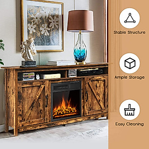 Tangkula Industrial Fireplace TV Stand for TVs Up to 65 Inches, Entertainment Center w/ 1500W Fireplace, Fireplace Media Console Table, Electric Heater w/Adjustable Brightness & Remote (Brown)