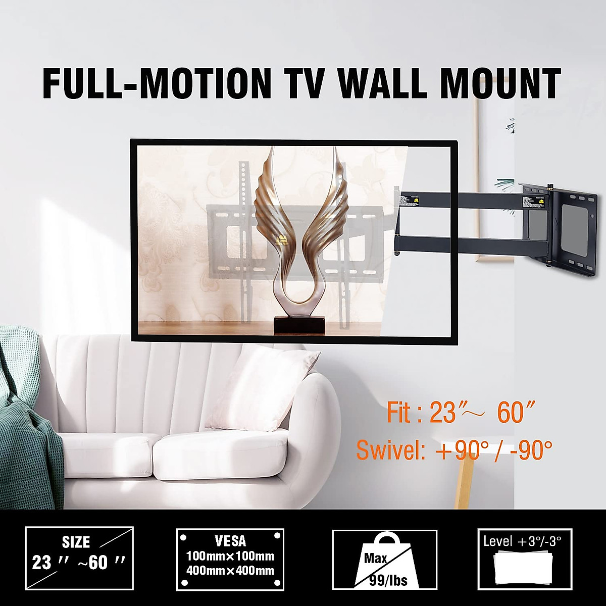FORGING MOUNT Long Arm TV Wall Mount,Full Motion Wall Mount TV Bracket with 43" Extension Articulating Arm Universal TV Mount, Fits 26-65" Flat/Curve TVs/Monitors,Holds 99 lbs,Max VESA 400x400mm