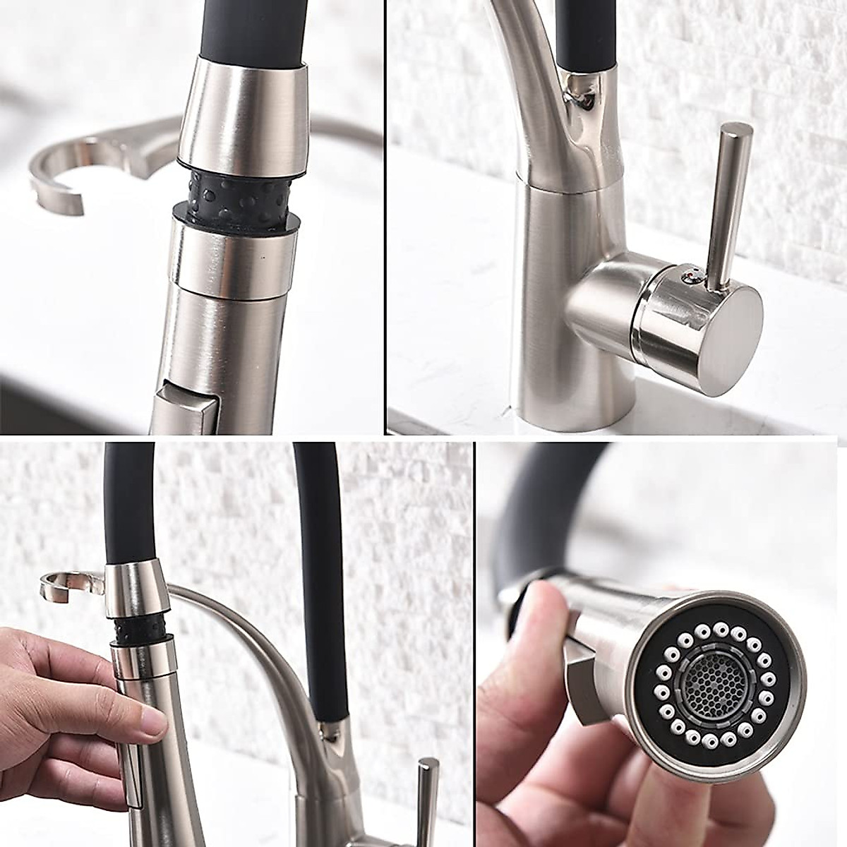 WEITOL Kitchen Sink Faucet for Bar Farmhouse Commercial, Black Rubber Design and Brushed Nickel Kitchen Faucet, Deck Mounted Pull Down Dual Spray Nozzle Mixer Sink Taps