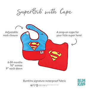Bumkins Bib for Girl or Boy, Baby and Toddler for 6-24 Months, Essential Must Have for Eating, Feeding, Baby Led Weaning, Mess Saving Waterproof Soft Fabric, SuperBib with Cape, Superman DC Comics