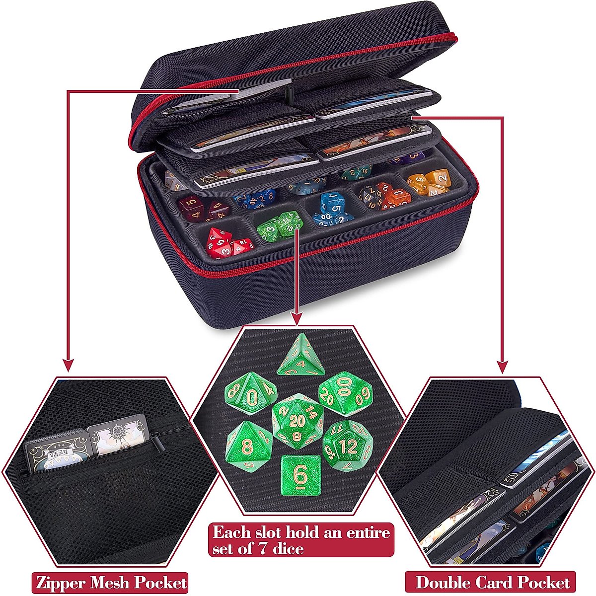 SIQUK Dice Storage Case Big Capacity DND Dice Case Dice Organizer Box With Handle and Double Removable Slotted Tray Dice Organizer Case for Dungeons & Dragons and Other RPG Table Game， Red