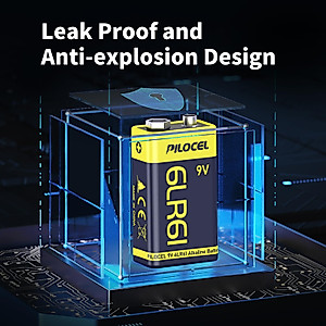 PILOCEL 9V Batteries 4 Pack, 9 Volt Alkaline Battery, Long-Lasting 9V Battery for Smoke Detector, 10-Year Shelf Life, 4 Count