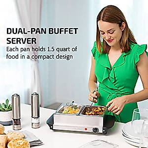 OVENTE Electric Buffet Server and Food Warmer with Temperature Control Perfect for Parties, Dinners and Entertaining, Two 1.5 Quart Chafing Dish Set with Stainless Steel Warming Tray, Silver FW152S
