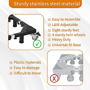 ANBase Heavy Duty All Steel Fridge Stand Mobile Base with 4 Locking Wheels and 8 Sturdy Feet 16.9"-26" Adjustable Furniture Dolly for Washer, Refrigerator and Dryer（Black）