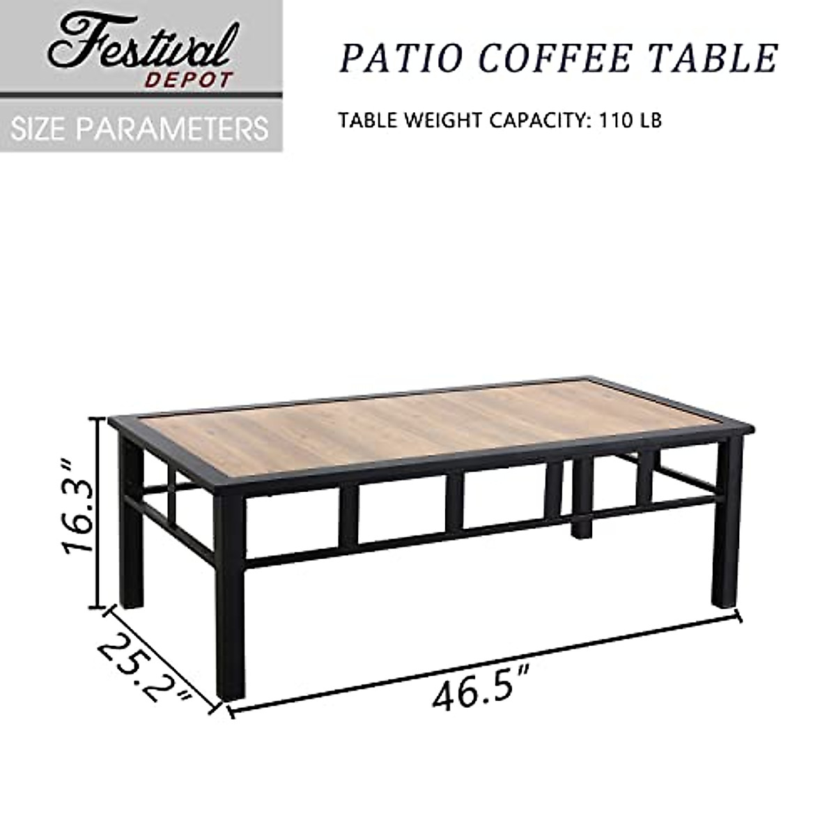 Festival Depot Patio Coffee Table Rectangle Metal Table with Wood Grain Tabletop All-Weather Outdoor Furniture for Deck Poolside Garden (25.2" x 46.5" x 18.3")