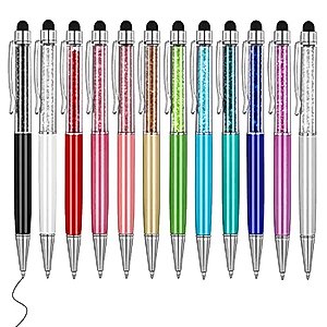 MengRan Cute Pens Bling Bling 2-in-1 Slim Crystal Diamond Stylus Pens and Black Ink Ballpoint Pens (12 colors)