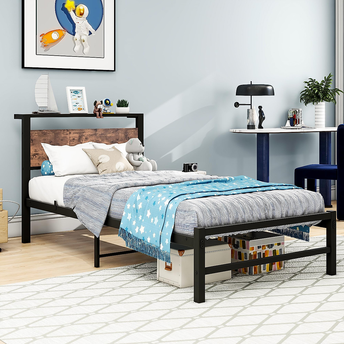 VERFARM Twin Bed Frame with Shelf Storage Wood Headboard, Strong Steel Slat Support, Heavy Duty Metal Platform Single Bed Frames No Box Spring Needed, Easy Assembly, Non-Slip Without Noise