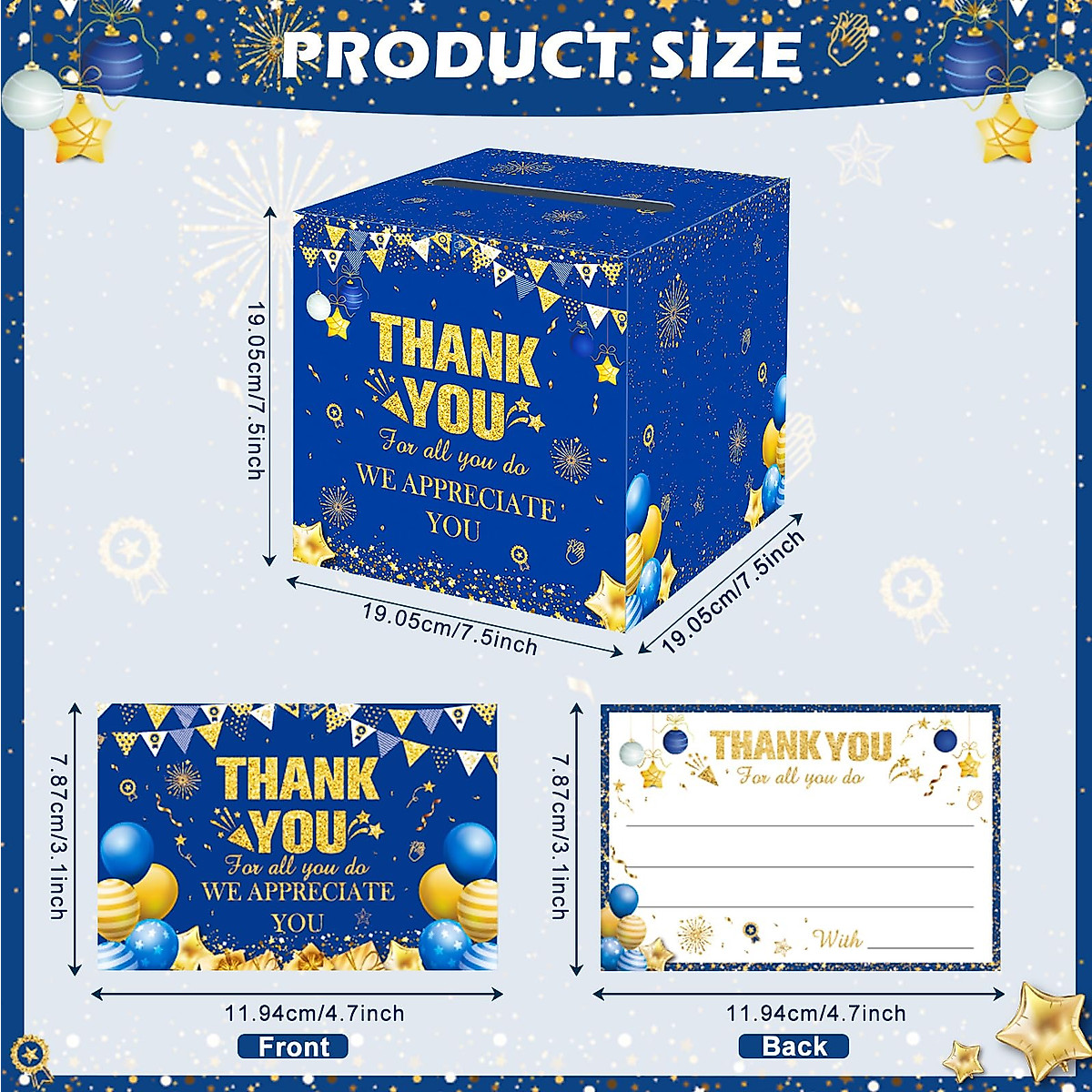 51Pcs We Appreciate You Card Box Decorations Blue Gold Thank You Party Favor Card Box with 50Pcs Thank You For All You Do Cards for Employee Staff Teacher Doctor Graduation Appreciation Party Supplies