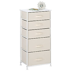 mDesign Steel Frame, Wood Top, Tall Dresser Drawer Organizer Storage Tower, Small Chest Furniture Unit for Bedroom, Hallway, Closet, and Entryway 5 Fabric Bins w/Handle, Jane Collection - Cream/White