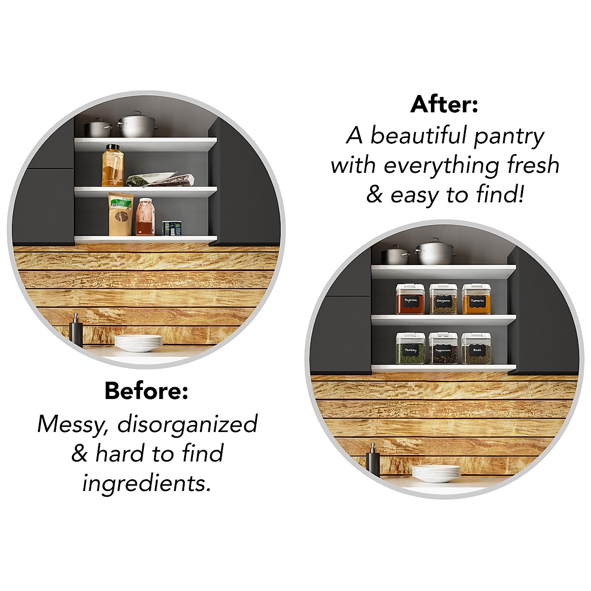 Shazo Airtight 6 Pc Spice Containers Set + 6 Spoons - Durable Clear Plastic Food Storage Containers with Lids - Kitchen Cabinet Pantry Organization for Spices, Herbs, Coffee, Tea etc