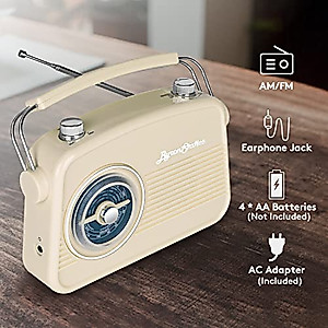 ByronStatics Portable Radio AM FM, Vintage Retro Radio with Built in Speakers, Best Reception and Longest Lasting, Power Plug or 1.5V AA Battery - Cream
